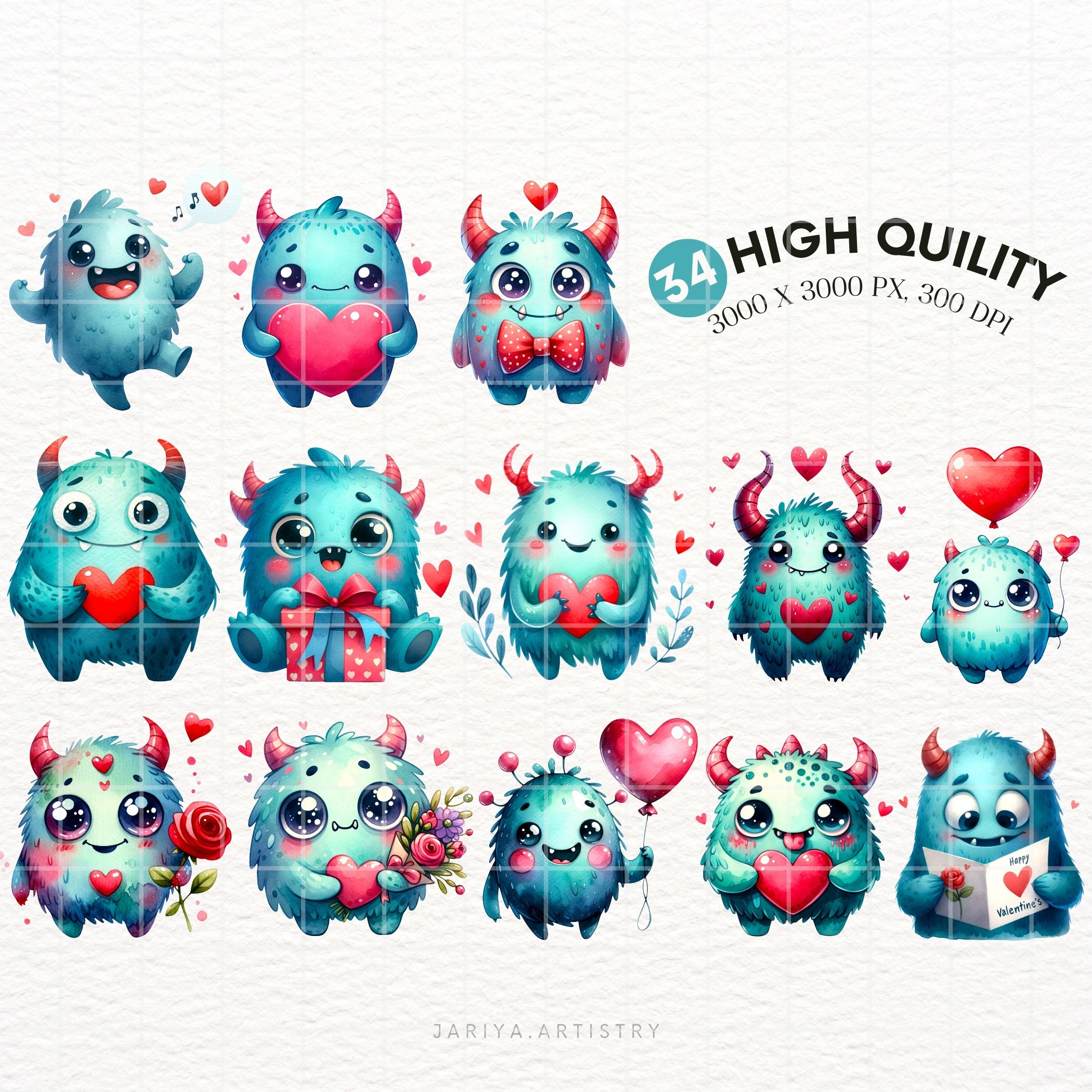 Monster Love Clipart for Valentine's Day - Watercolor PNG, Printable ...