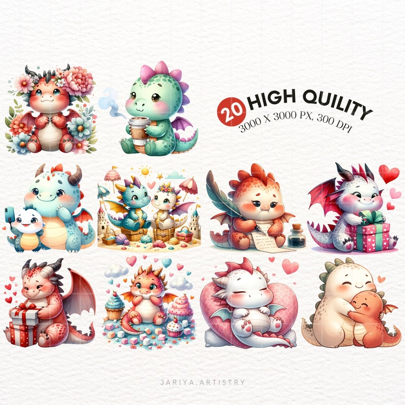 Chubby Dragon Clipart, Cute Dragon in Love Clipart, Watercolor Baby ...