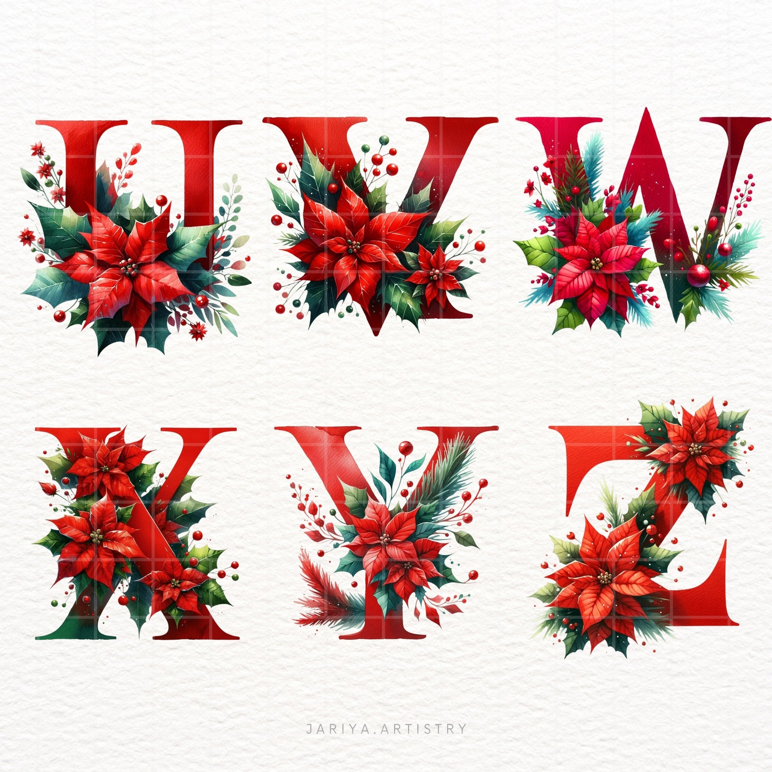 Christmas Flower Alphabet Clipart Bundle, A-Z Clipart PNG, Christmas ...