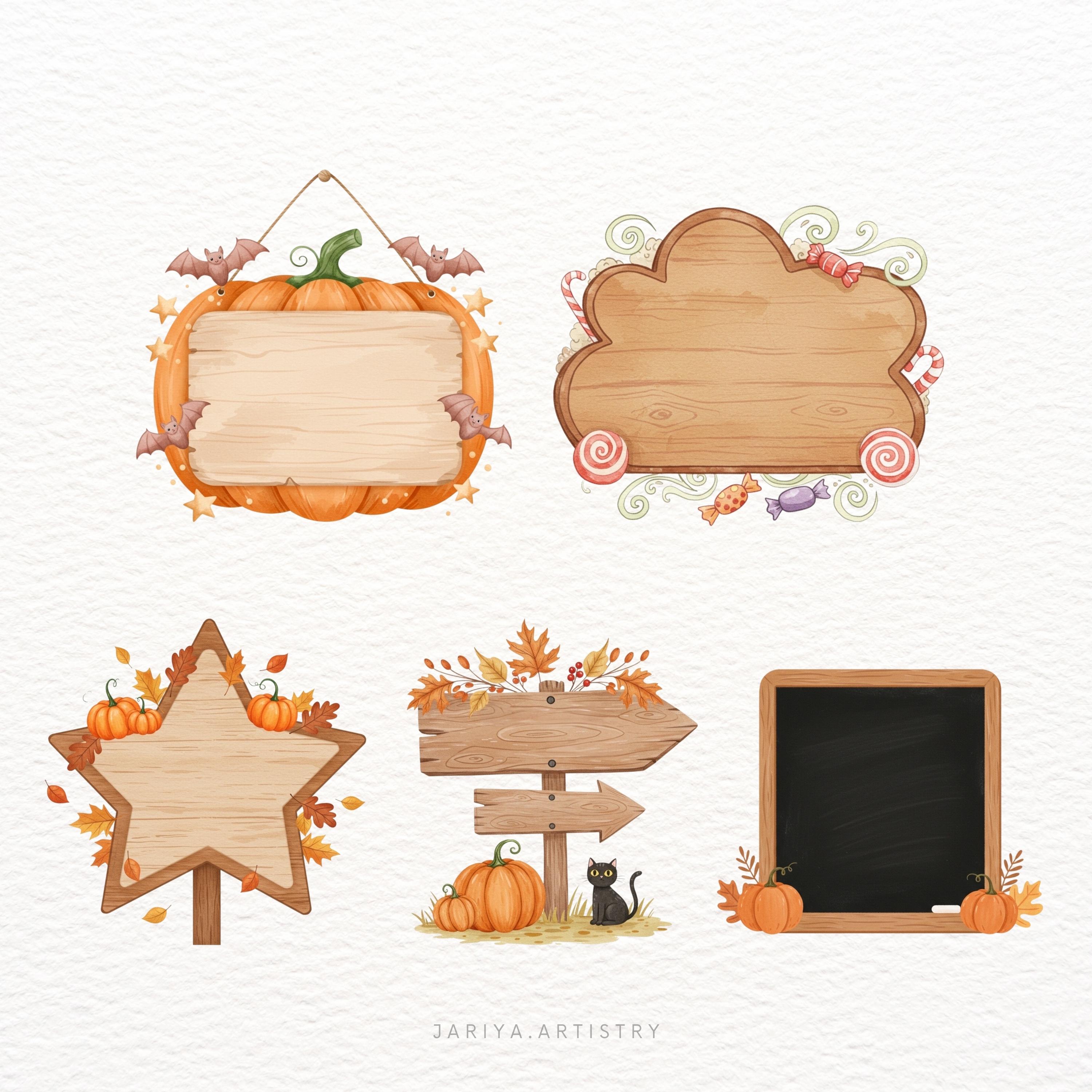 Watercolor Halloween Sign Clipart Set: Blank DIY Pngs for Crafts ...