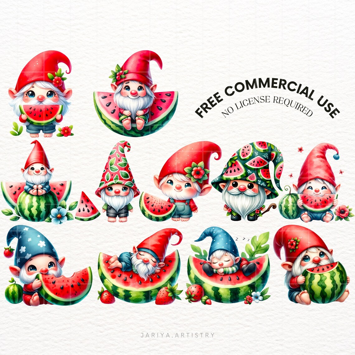 Cute Watermelon Gnome Clipart Bundle, Cute Watermelon PNG, Watercolor ...