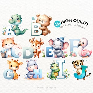 Adorable Animal Alphabet Clipart Bundle - Watercolor A-Z Letters ...
