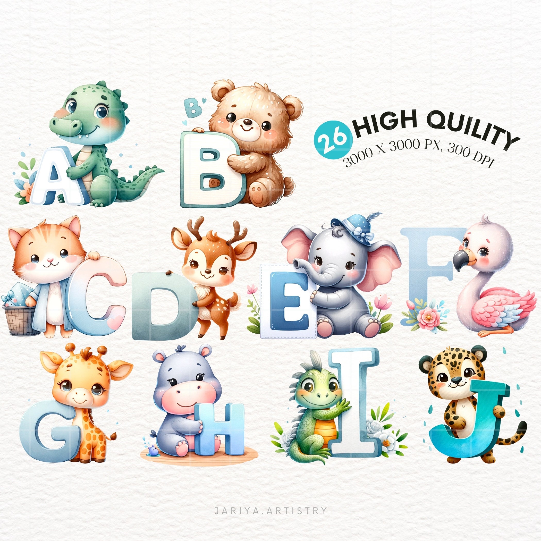 Adorable Animal Alphabet Clipart Bundle - Watercolor A-Z Letters ...