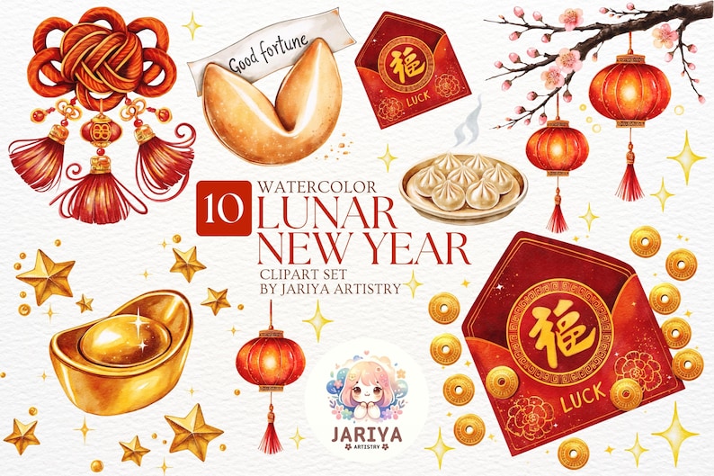 Vibrant Watercolor Lunar New Year Clipart: Festive Asian Festival ...