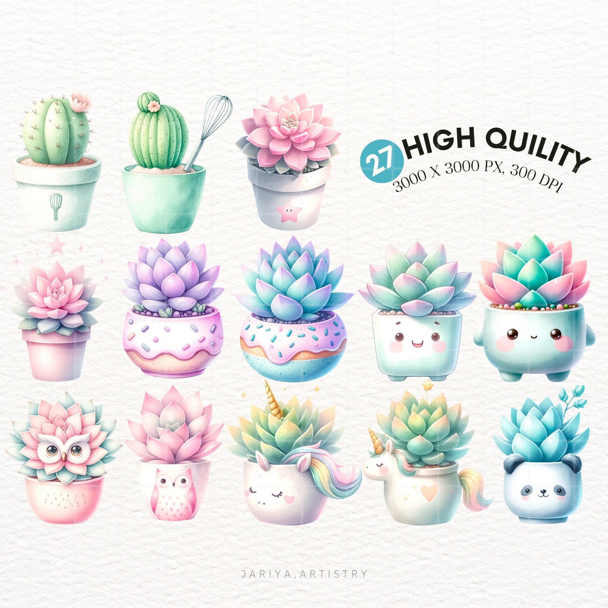 Pastel Succulent Clipart, Watercolor Succulent PNG, Cute Succulent PNG ...