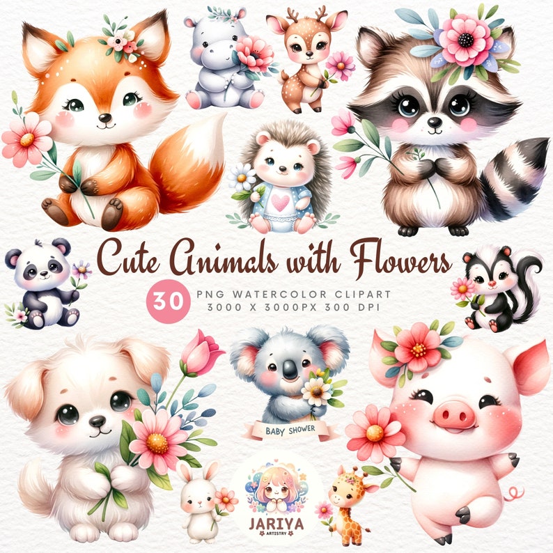 Cute Animals With Flowers Clipart, Floral Animal Clipart, Cute Animal ...
