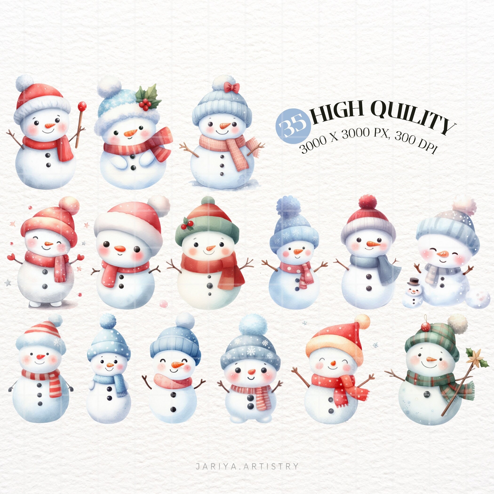 Watercolor Cute Snowman Clipart Bundle, Cute Snowman Clipart PNG, Cute ...