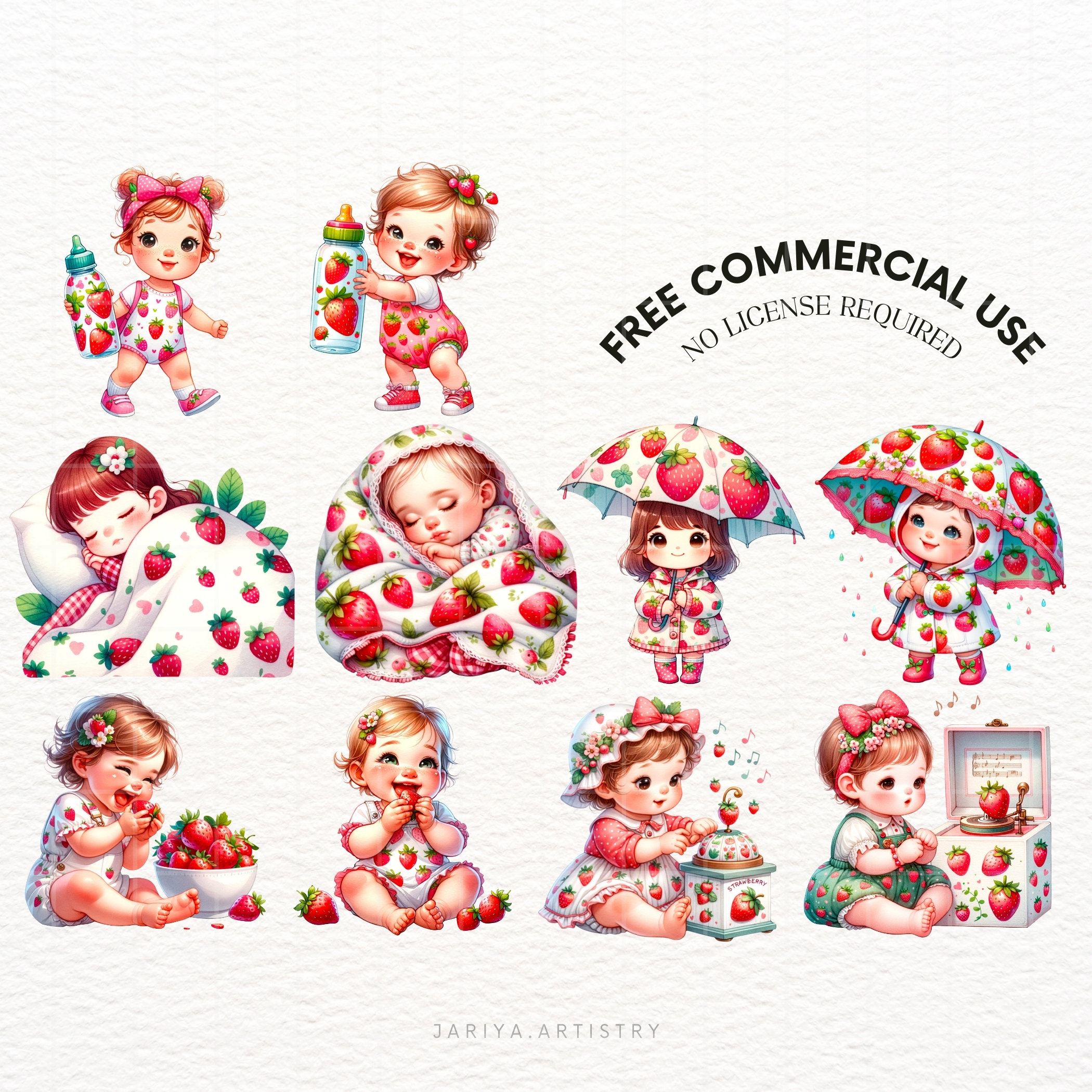 Cute Strawberry Baby Girl Clipart Bundle, Baby Girl PNG, Strawberry ...