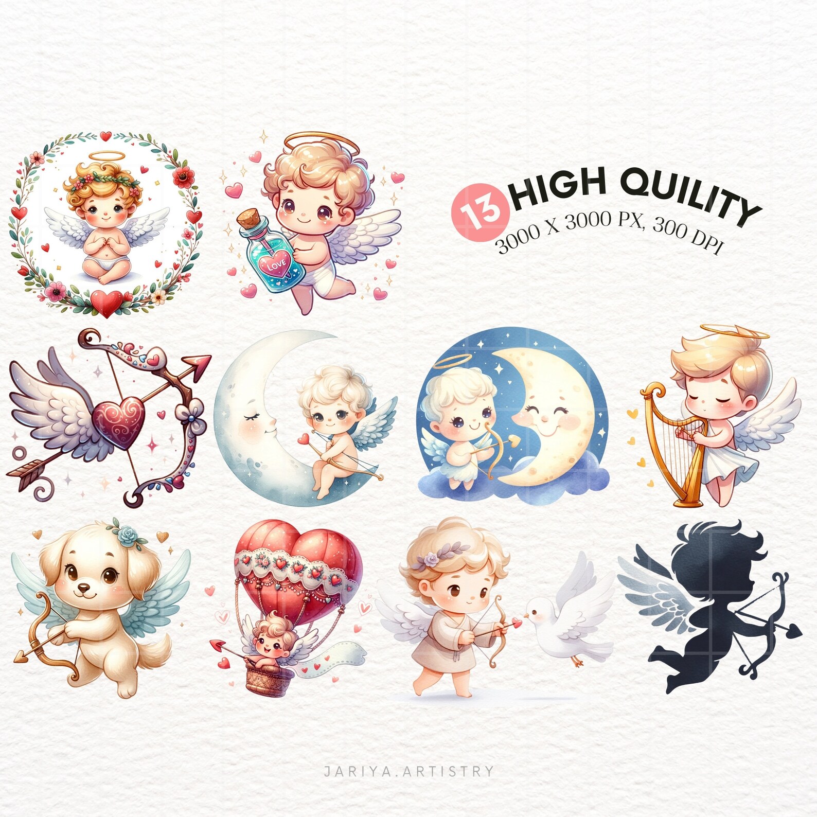 Cute Valentines Cupid Clipart Bundle, Valentine Watercolor PNG ...