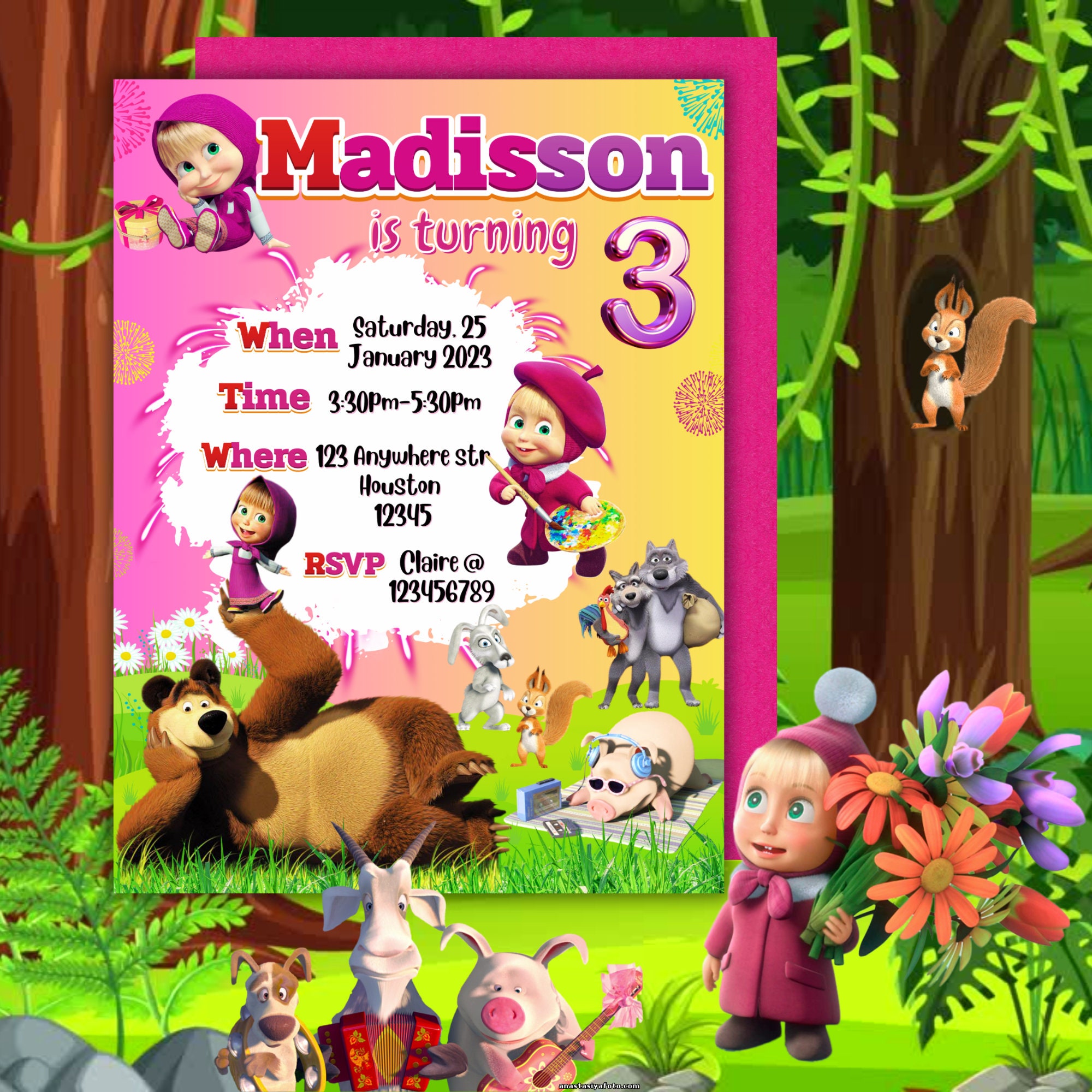 Buy Editable Masha and Bear Birthday Invitation, Digital or Printable ...