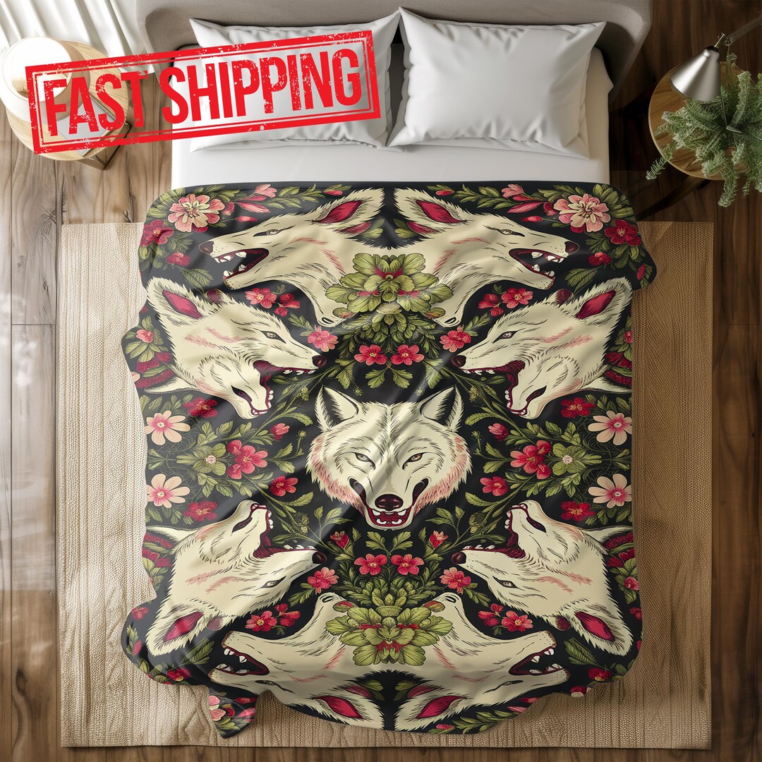 Nordic Folk Art Woven Blanket, Wolves and Wildflowers Quill, Fleece ...