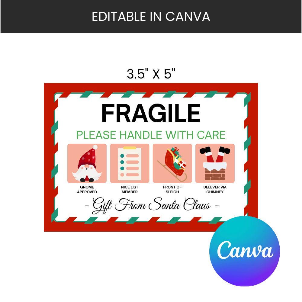 Christmas Fragile Label Canva Template | Printable Santa's Workshop ...