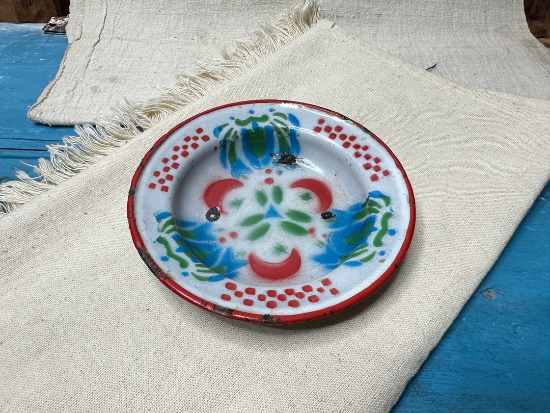 Antique Enamel Plate, Red Moon Pattern Plate, Country Home Decor Dish ...