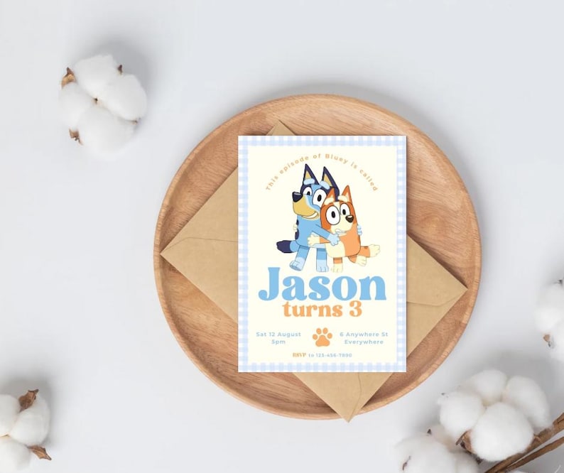 Bluey Bingo Blue Neutral Gingham Birthday Party Invitation Digital ...