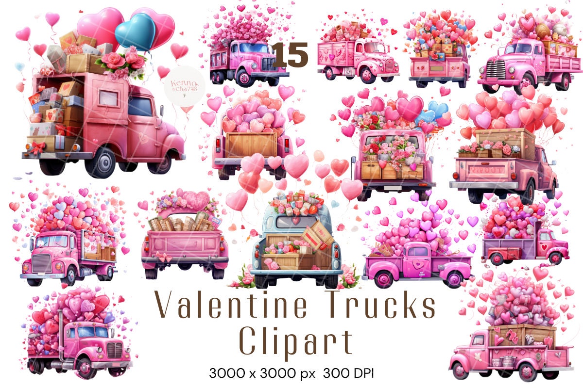 Vintage Pink Valentine Trucks Clipart Valentine's Vehicles Clipart ...
