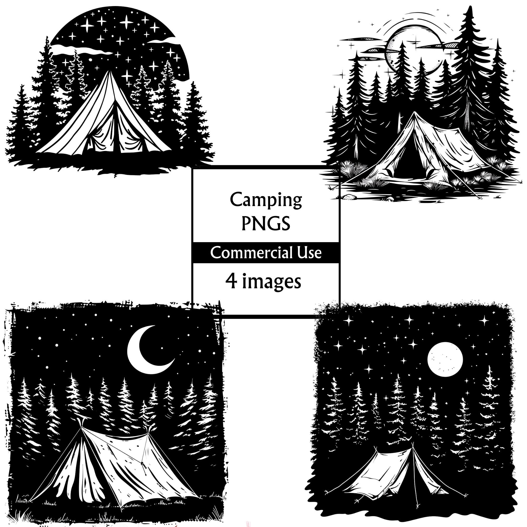 Black and White Camping Clipart, Tent Camping Clip Art, Monochrome ...