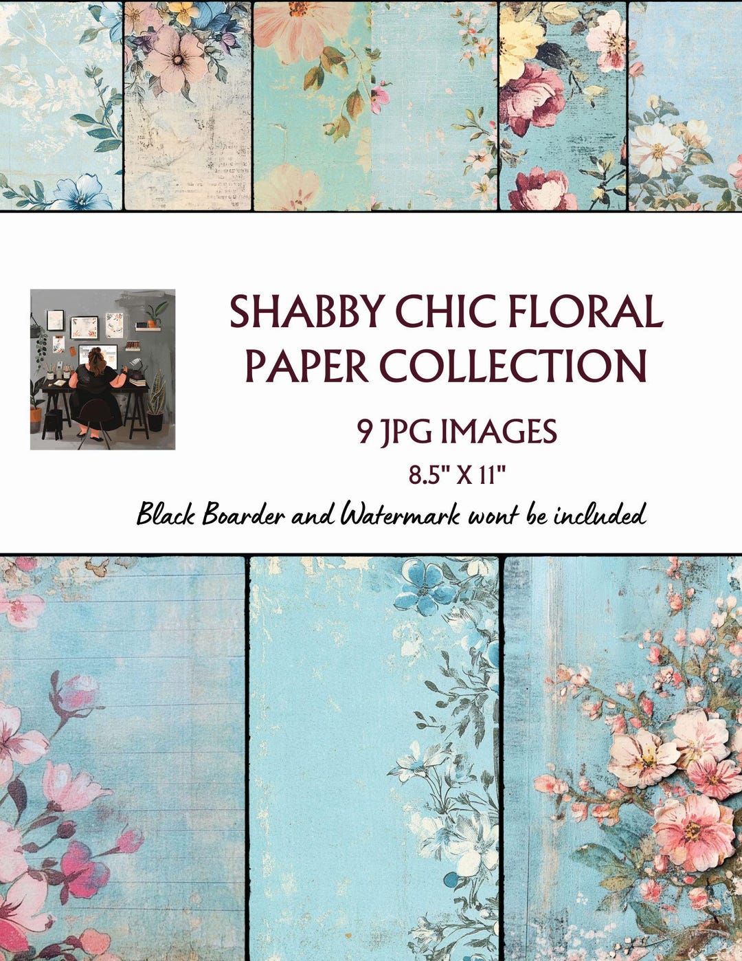 Vintage Shabby Chic Pattern Backing Paper, Light Pastel Blue Floral ...