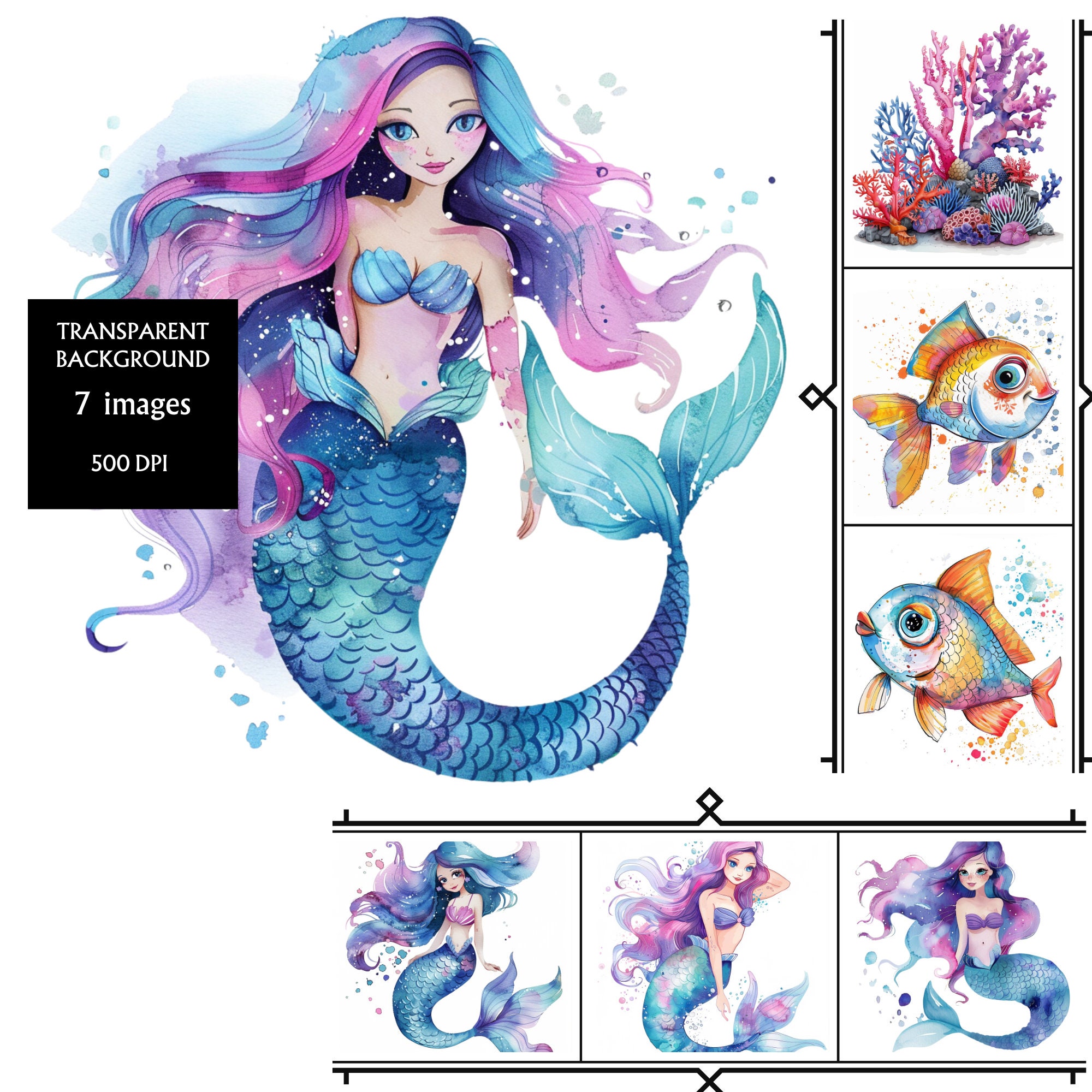 Mermaid Clipart, Purple and Pink Watercolour Mermaid Clip Art, Digital ...