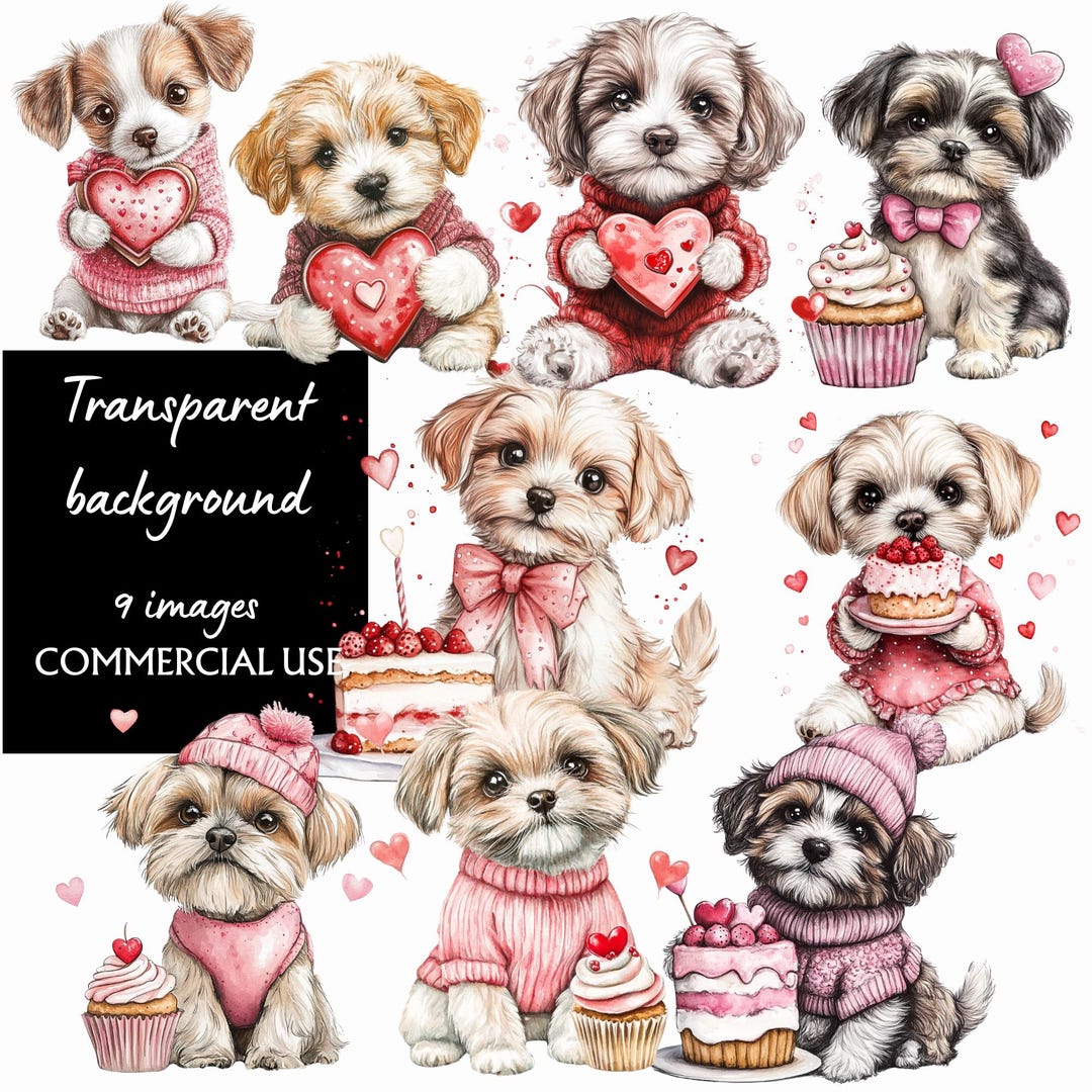 Watercolor Cute Valentines Puppy Clipart, Birthday Pup, Valentines Day ...