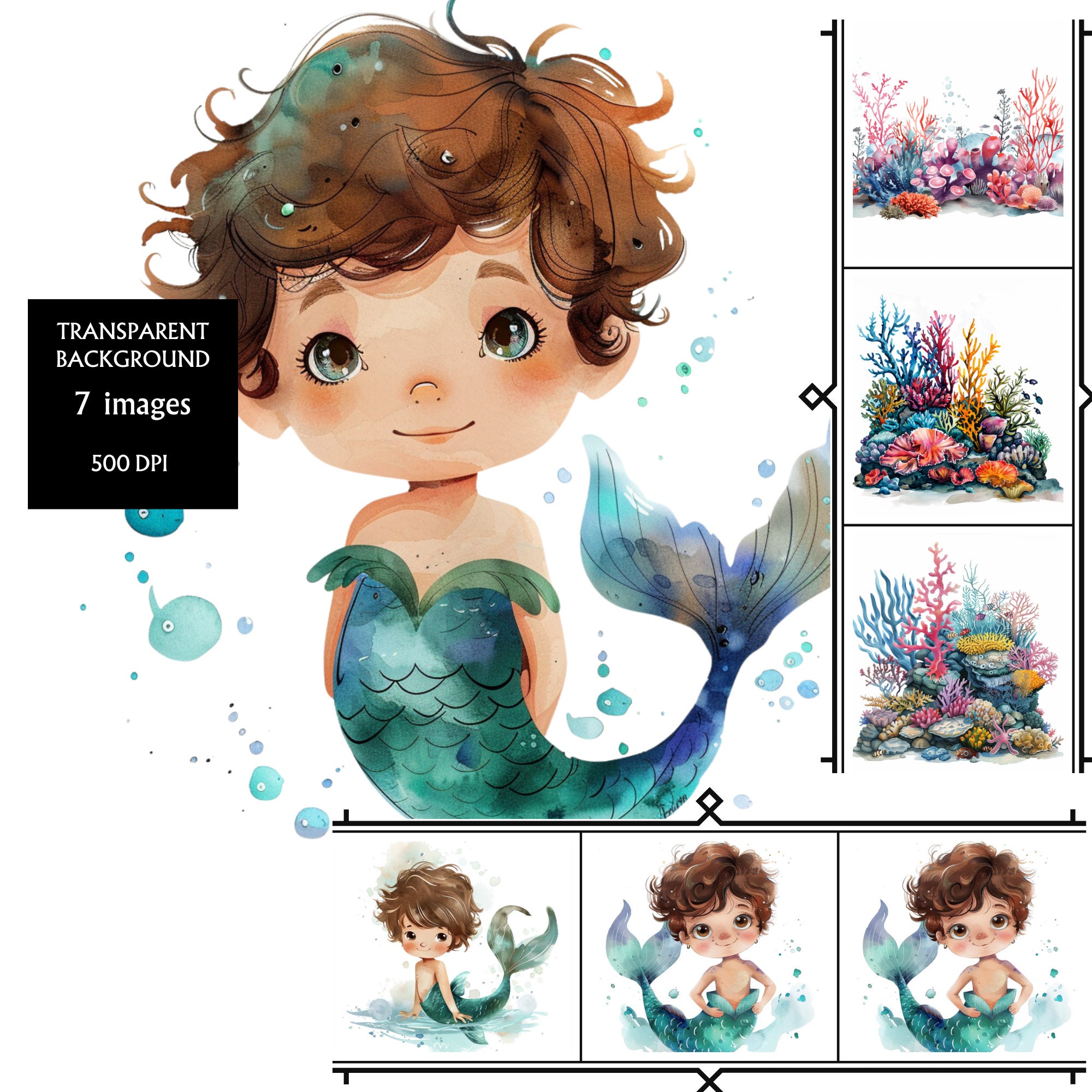Merman Clipart, Merboy Clip Art, Male Mermaid, Digital Download, Coral ...