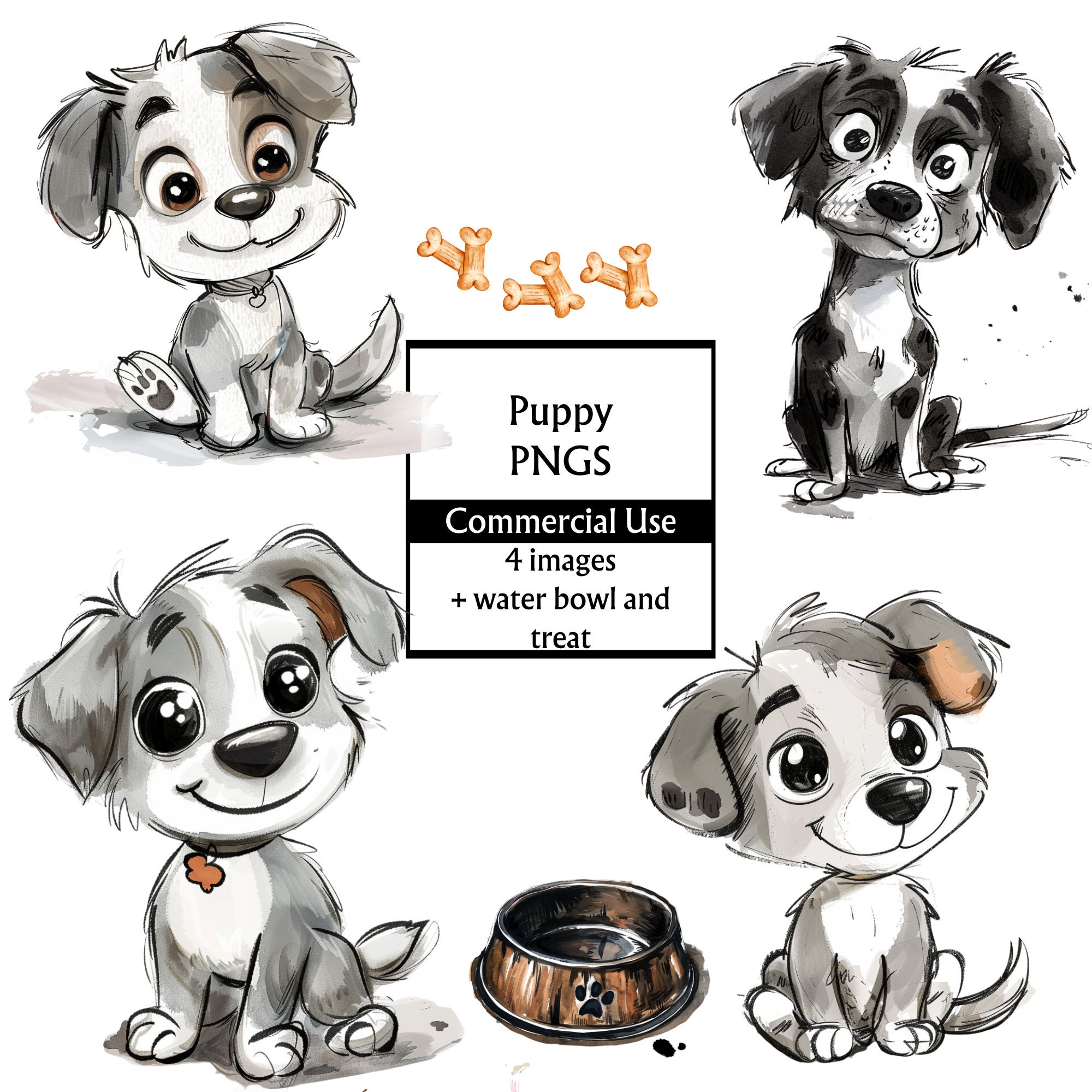 Dog Clip Art, Puppy Clipart, Dog With Water Bowl and Dog Treats, Cute ...