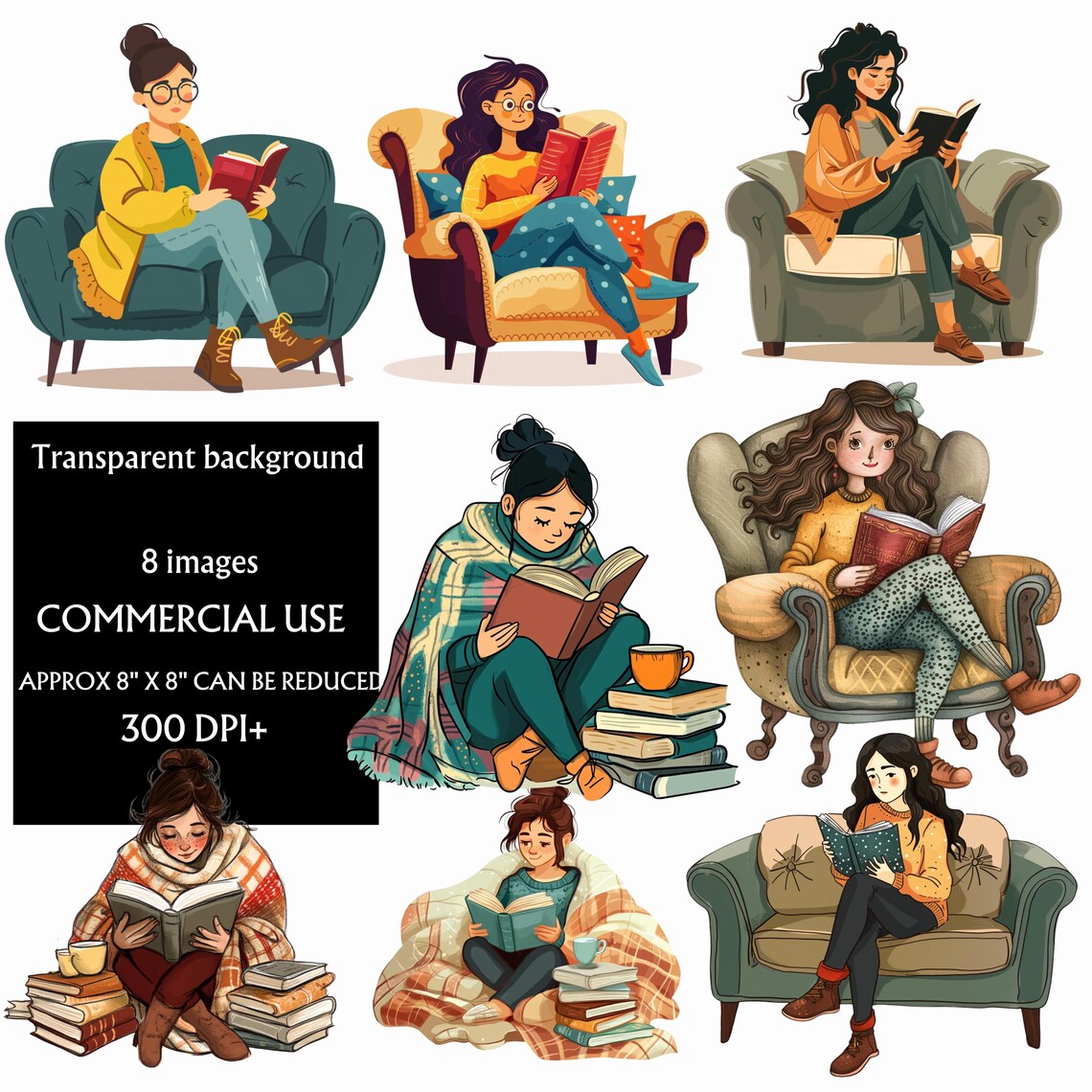 Cosy Reading Girl Clipart Bundle, Sweater Weather Clipart, Homey ...