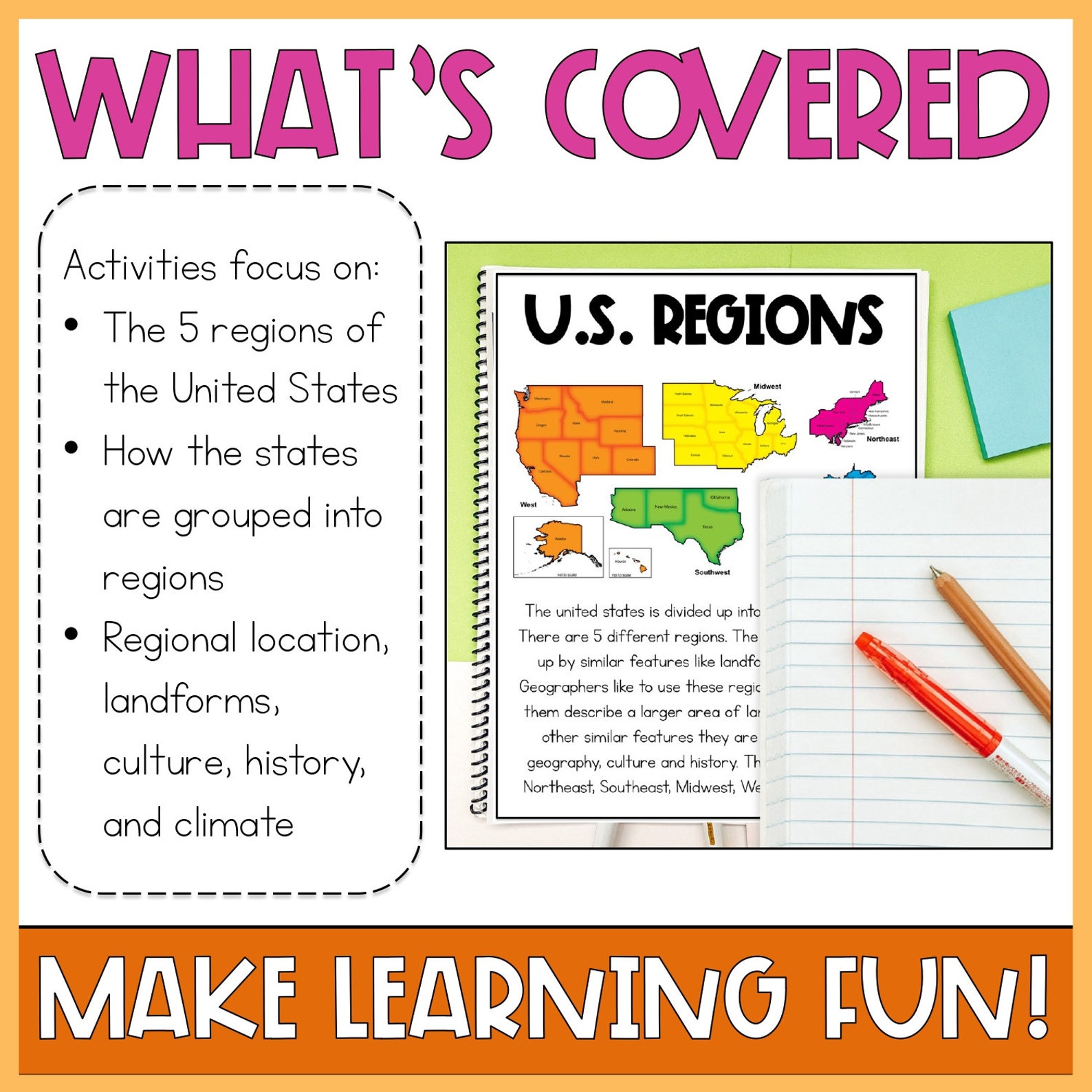 US Geography Worksheets | 5 Regions of the United States Lessons and ...