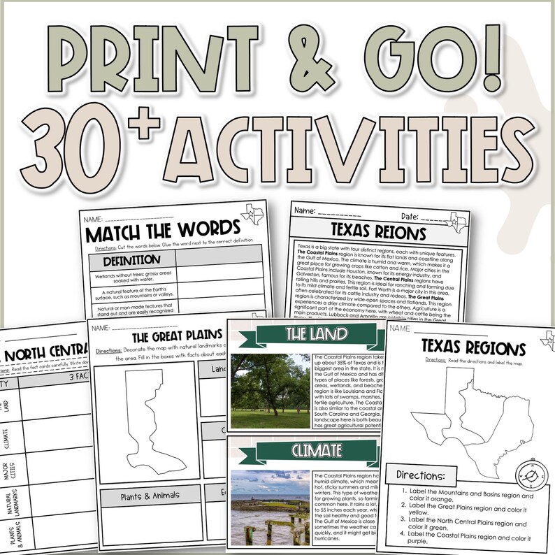 Texas Regions Activities for 4th Grade | Printable Texas History Unit ...