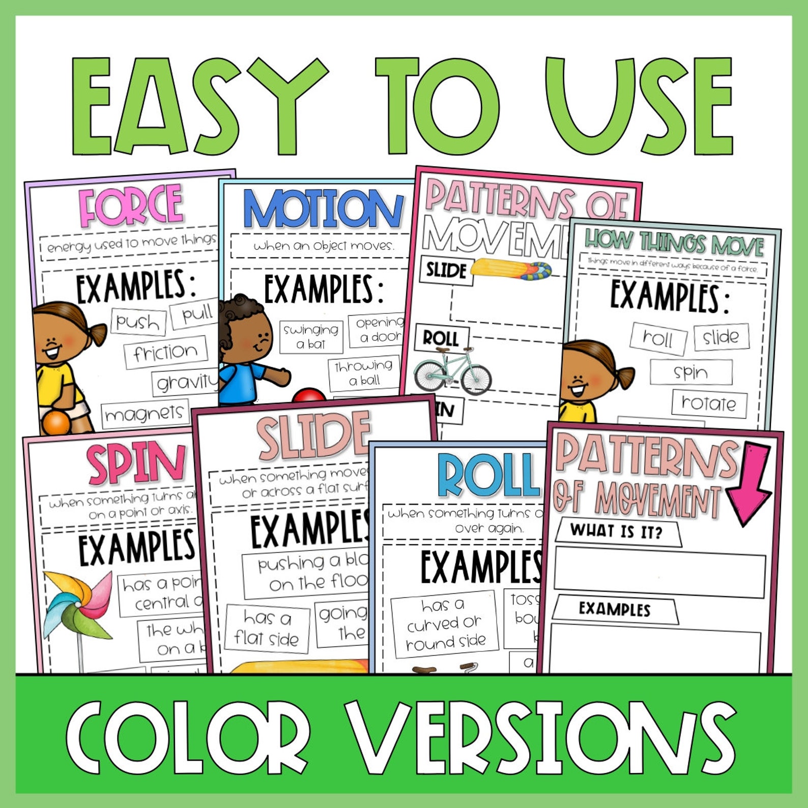 Patterns of Movement | Slide Spin and Roll Science Anchor Charts and ...