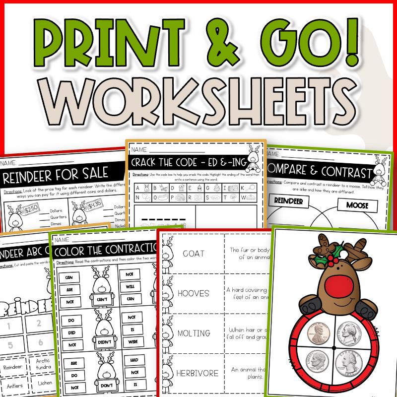 December Worksheets | Reindeer Science, Math & Literacy Activities ...