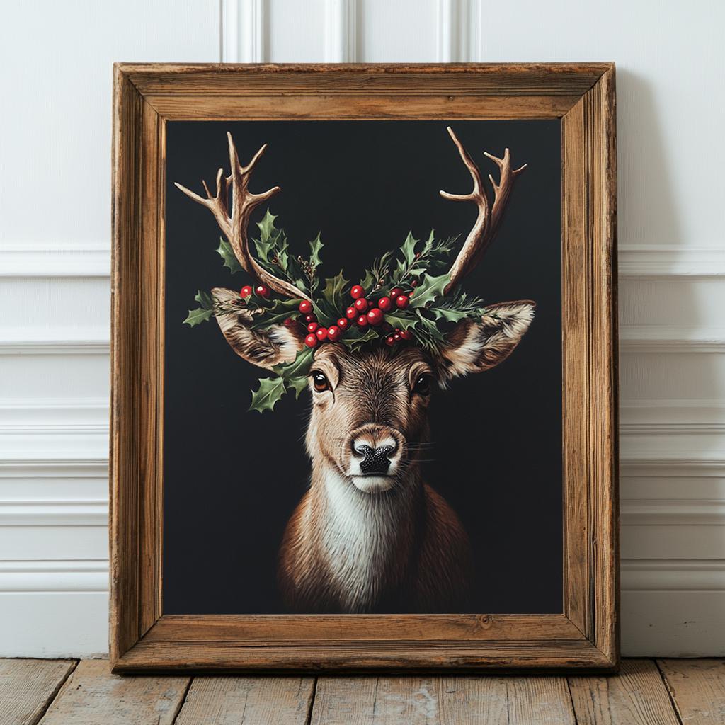 Moody Reindeer Portrait Christmas Wall Art, Printable Deer Holiday ...