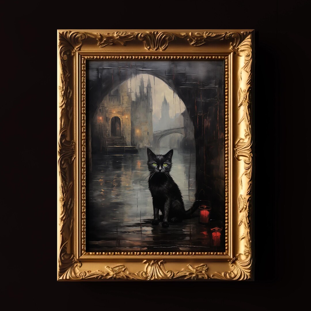 Gothic Black Cat Art Print: Dark Academia Halloween Decor (downloadable ...