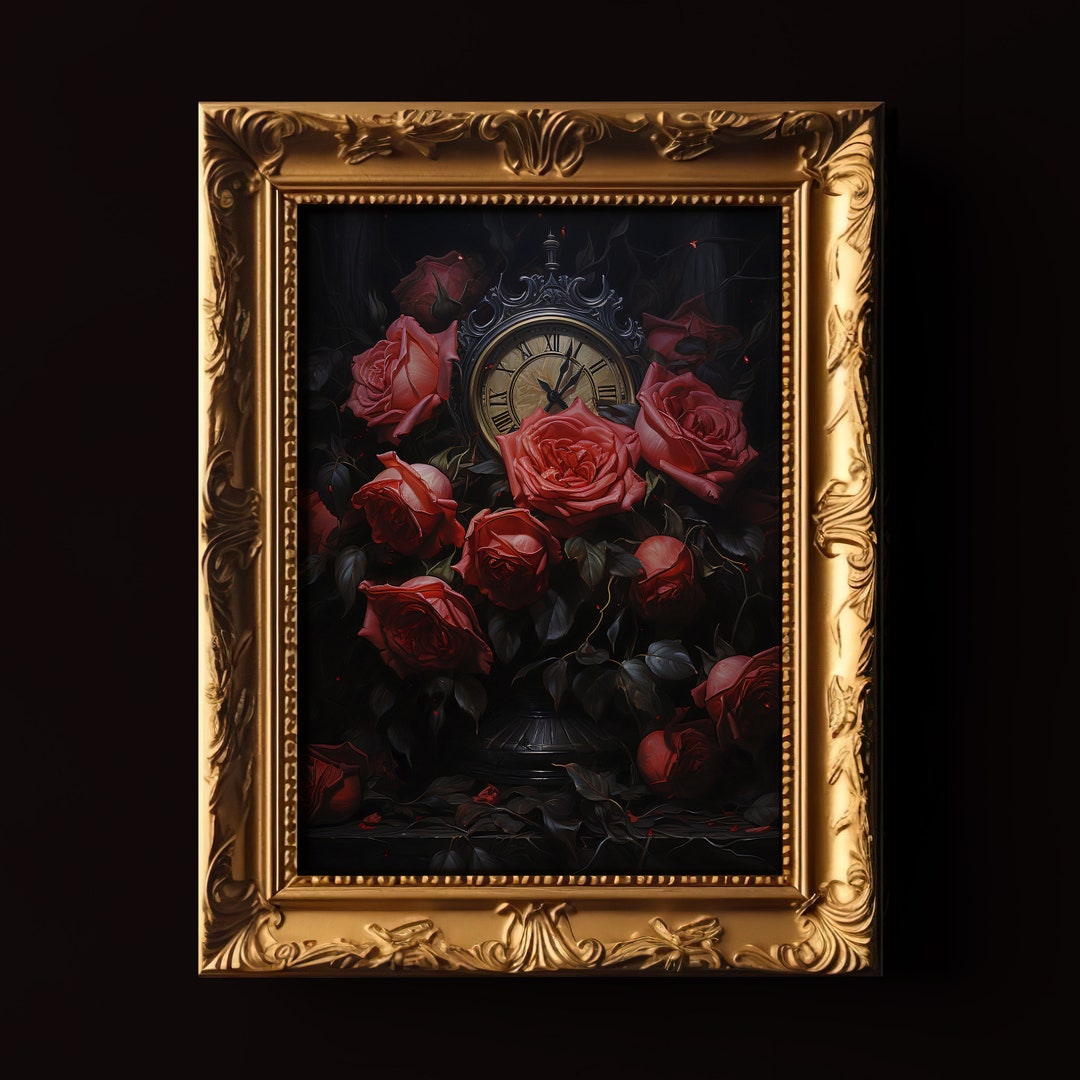 Dark Gothic Flower Painting, Printable Moody Vintage Rose, Dark ...
