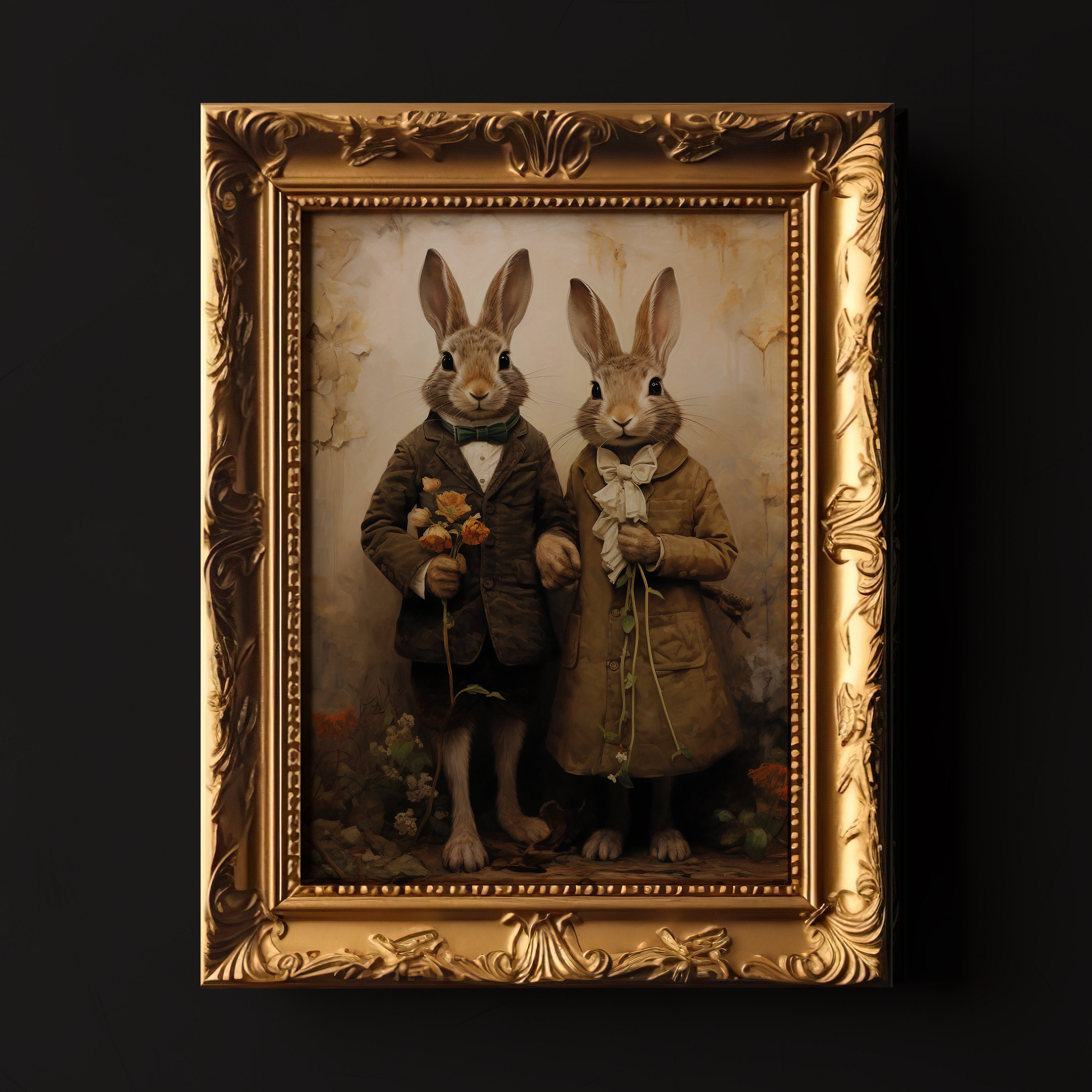 Hare Couple Painting, Vintage Easter Bunny Printable Wall Art, Rabbit ...