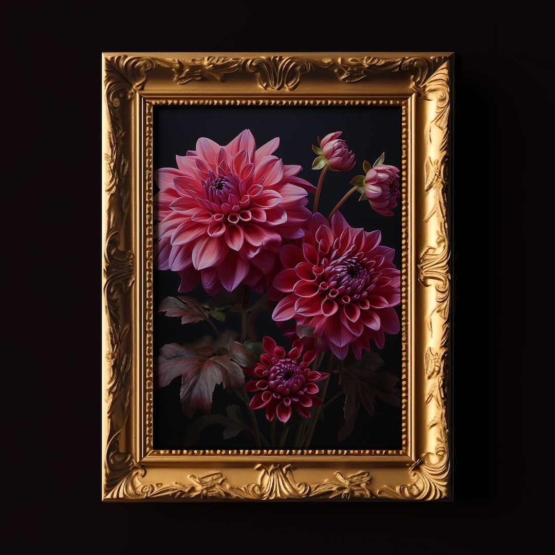 Moody Vintage Flower Painting, Printable Dahlia Wall Art, Moody Floral ...