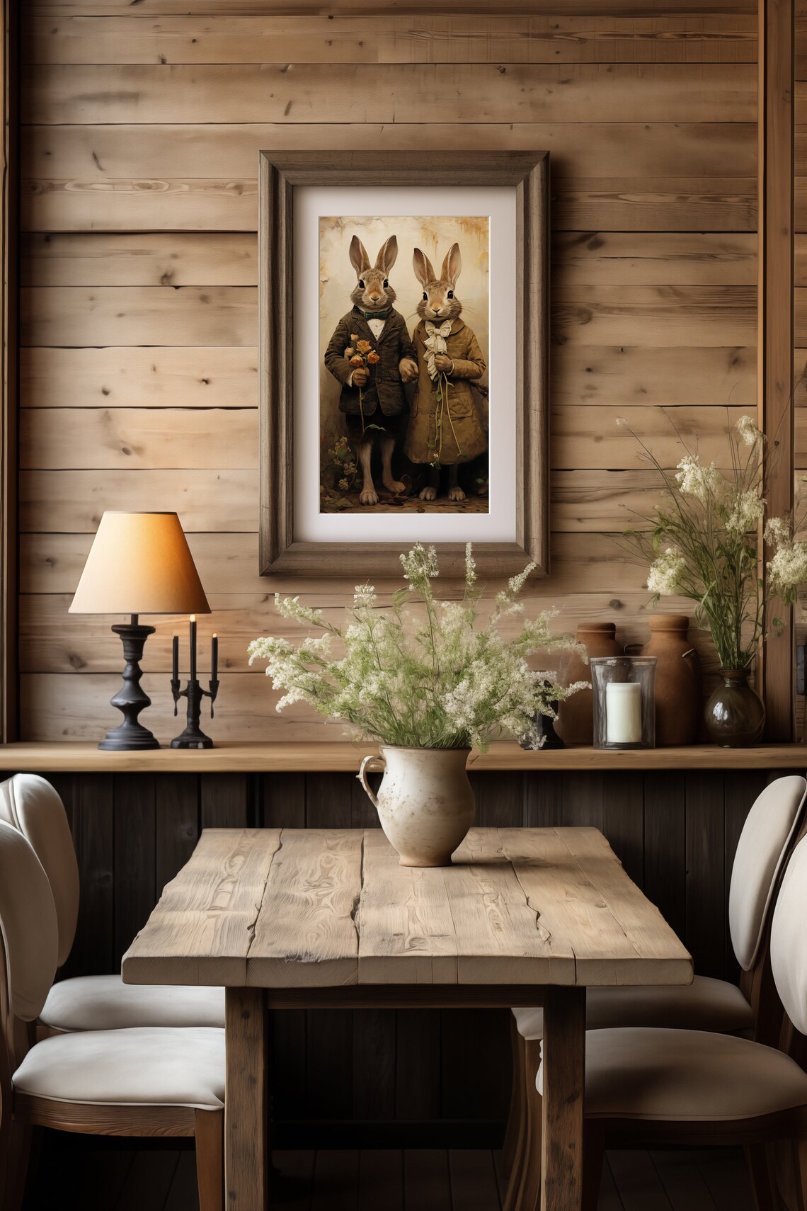 Hare Couple Painting, Vintage Easter Bunny Printable Wall Art, Rabbit ...