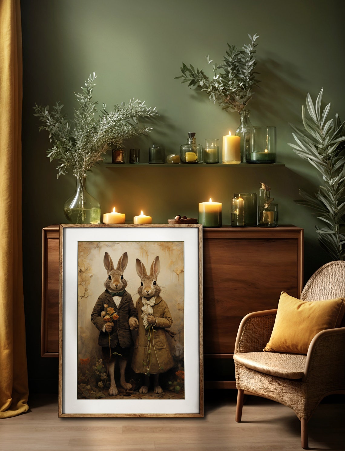 Hare Couple Painting, Vintage Easter Bunny Printable Wall Art, Rabbit ...