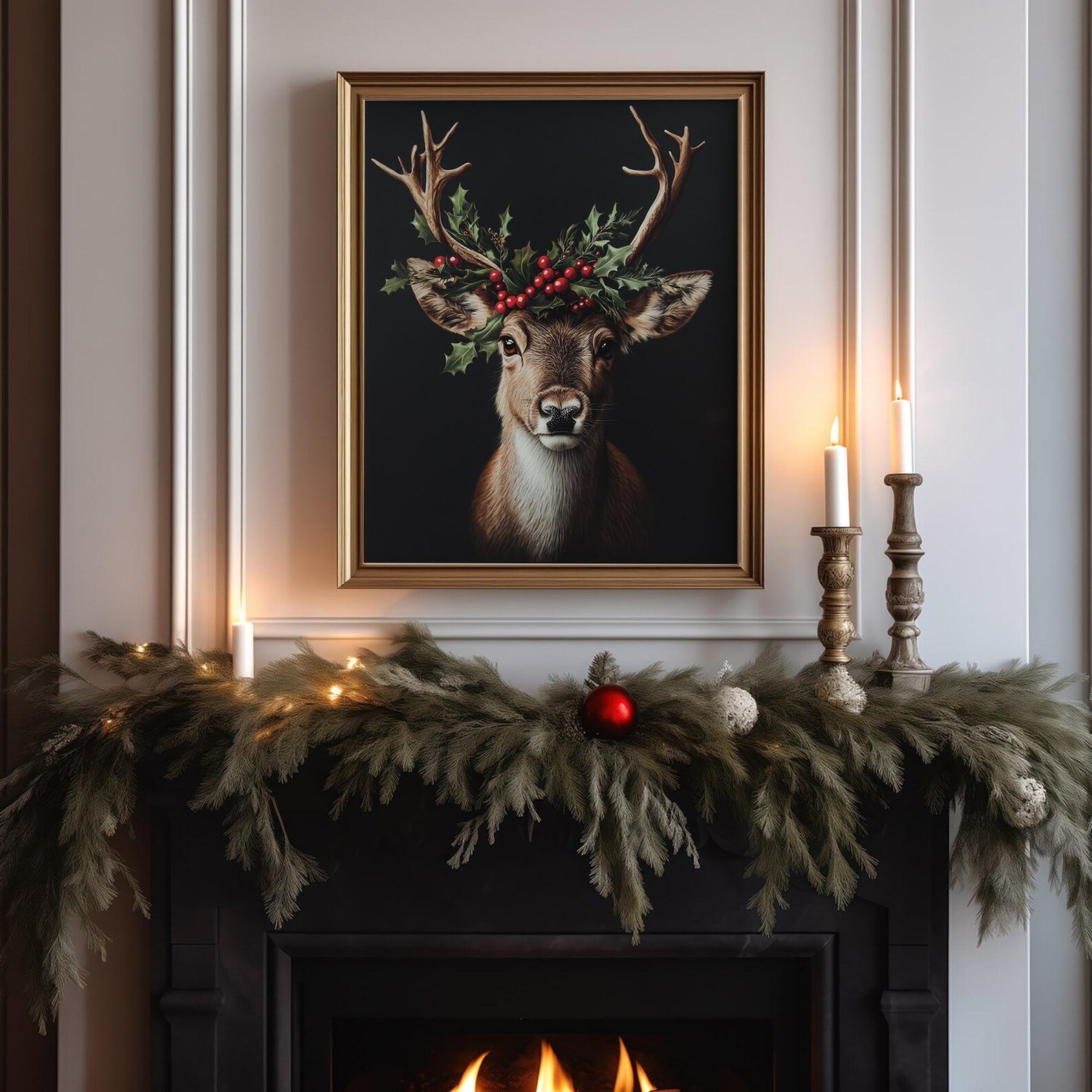 Moody Reindeer Portrait Christmas Wall Art, Printable Deer Holiday ...