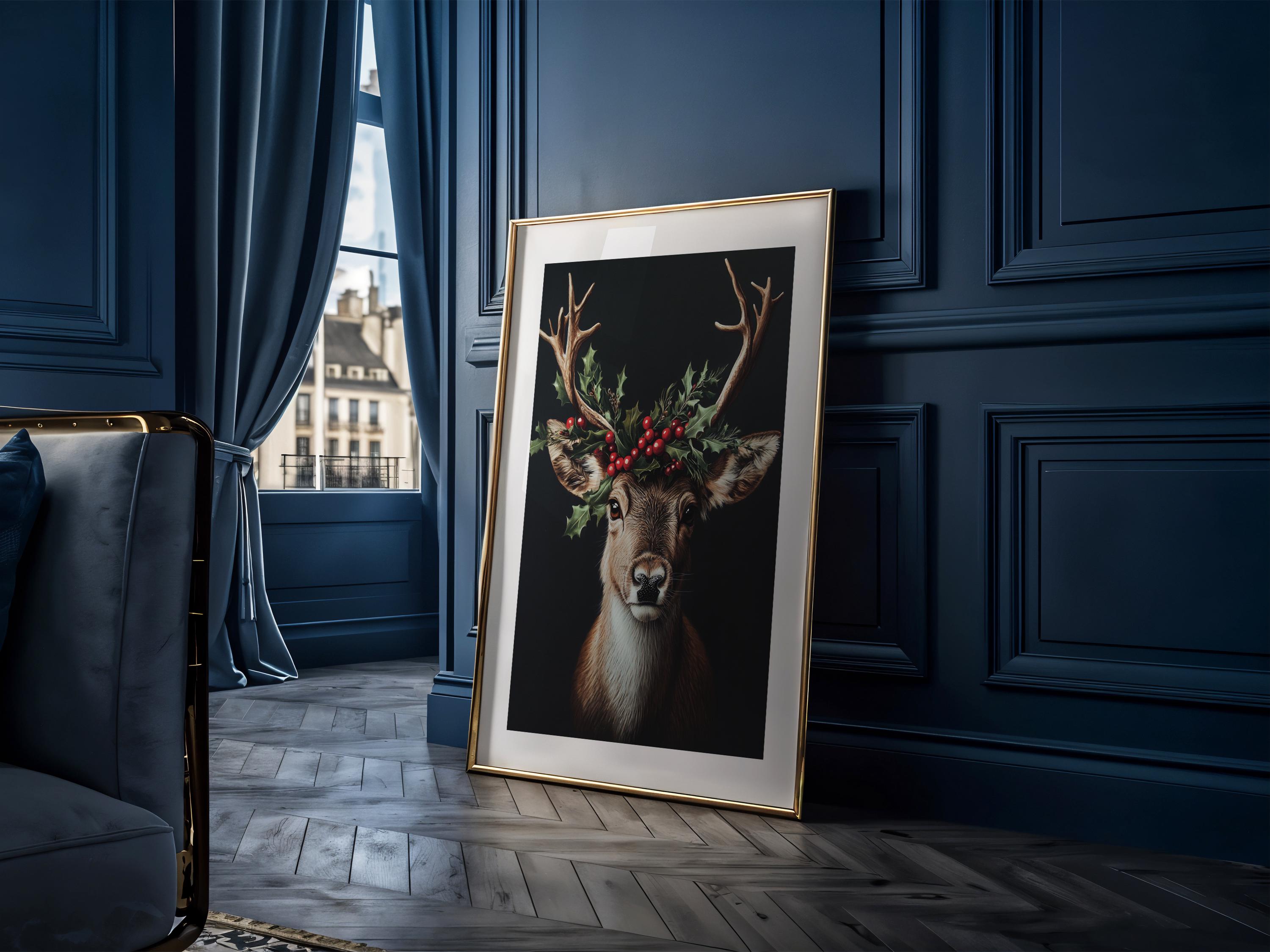 Moody Reindeer Portrait Christmas Wall Art, Printable Deer Holiday ...