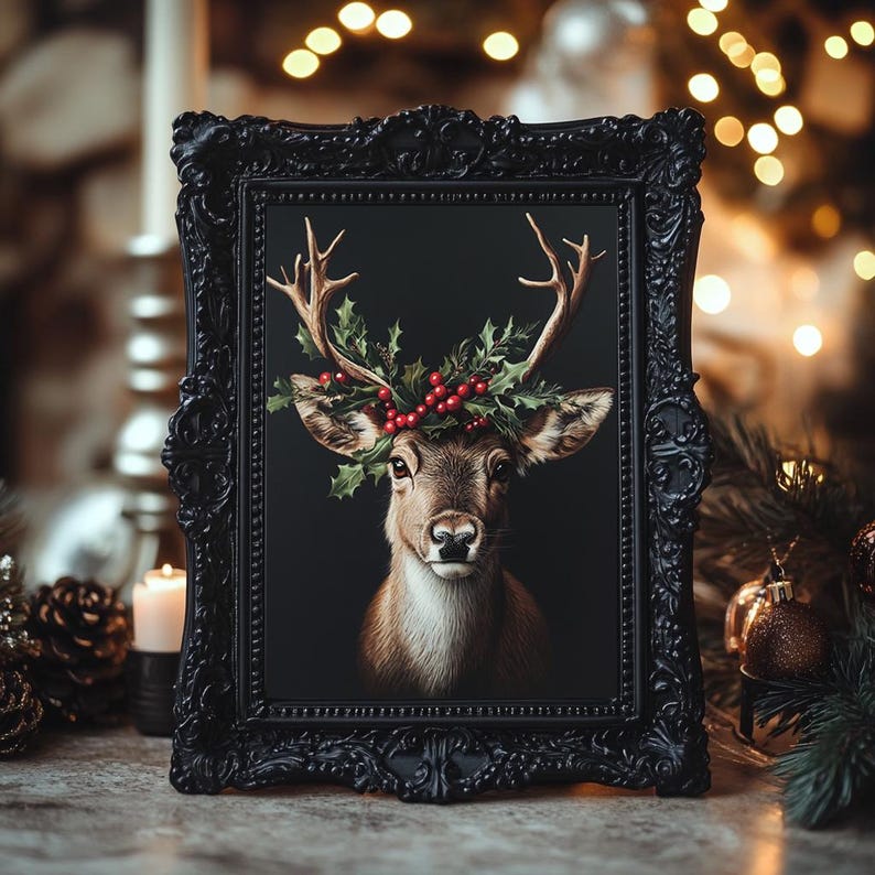 Moody Reindeer Portrait Christmas Wall Art, Printable Deer Holiday ...