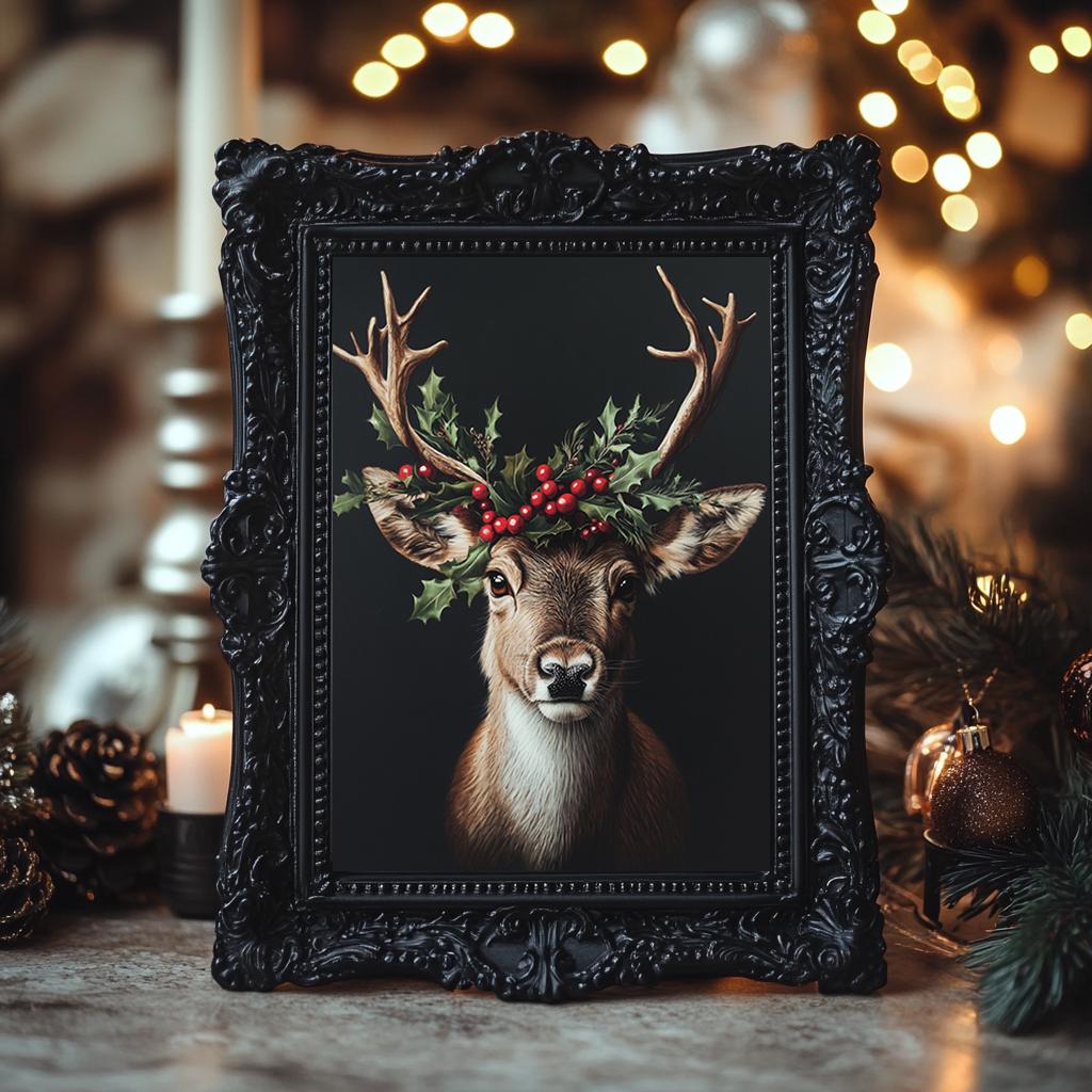 Moody Reindeer Portrait Christmas Wall Art, Printable Deer Holiday ...