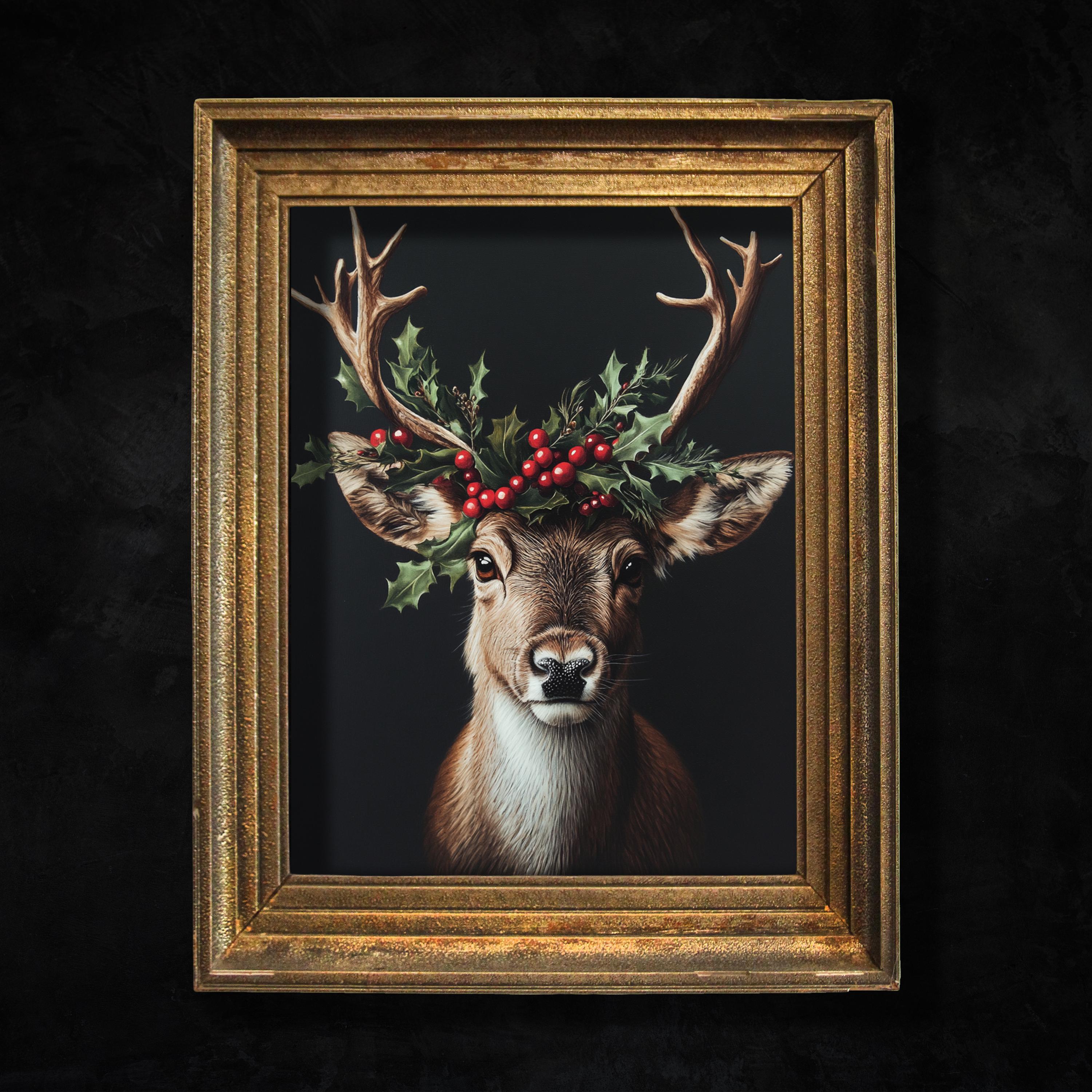 Moody Reindeer Portrait Christmas Wall Art, Printable Deer Holiday ...