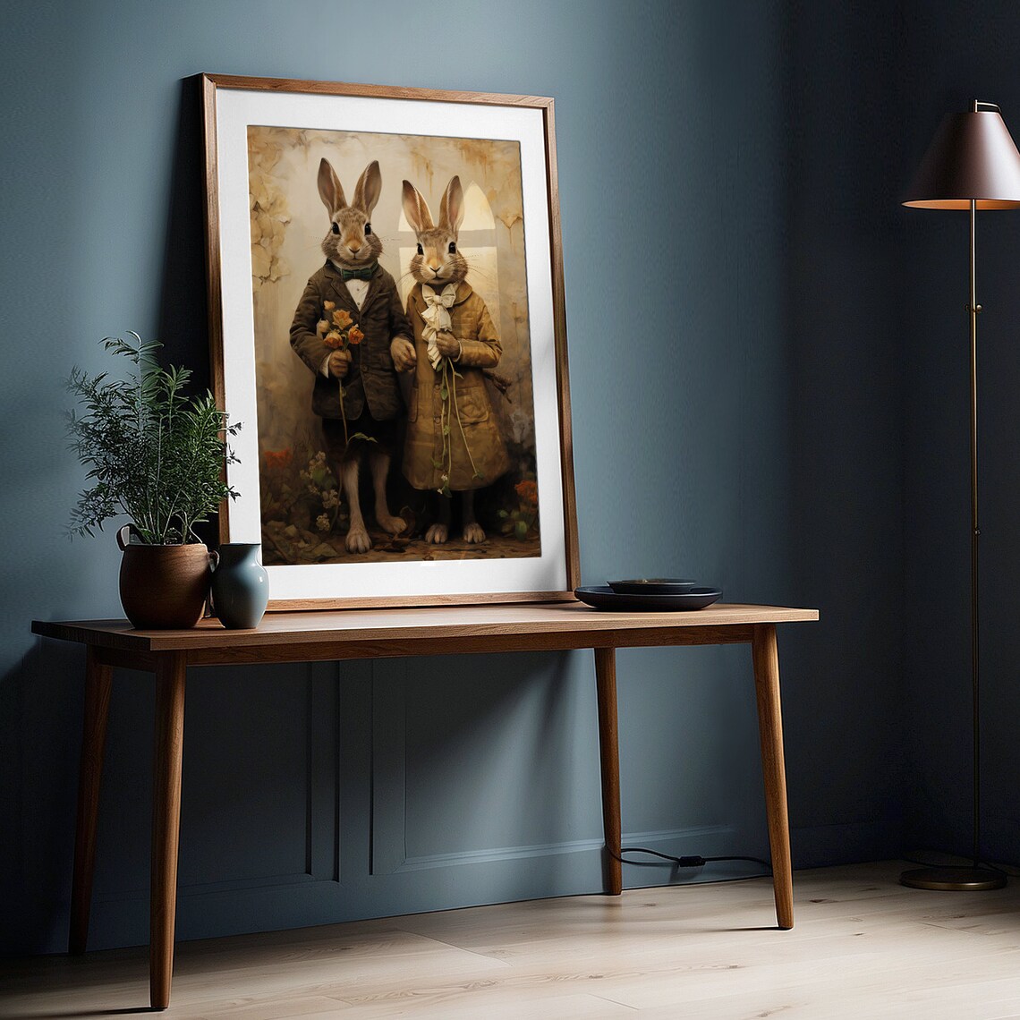 Hare Couple Painting, Vintage Easter Bunny Printable Wall Art, Rabbit ...