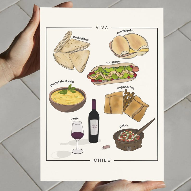 Viva Chile Poster, Illustrated Poster of Chilean Recipes, Chile Kitchen ...
