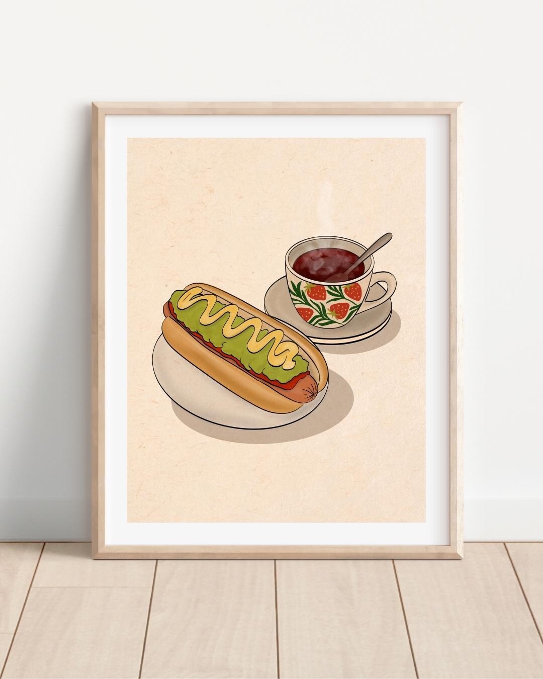 Completo and Tecito Print, Chilean Hot Dog, Food Illustration Wall Art ...