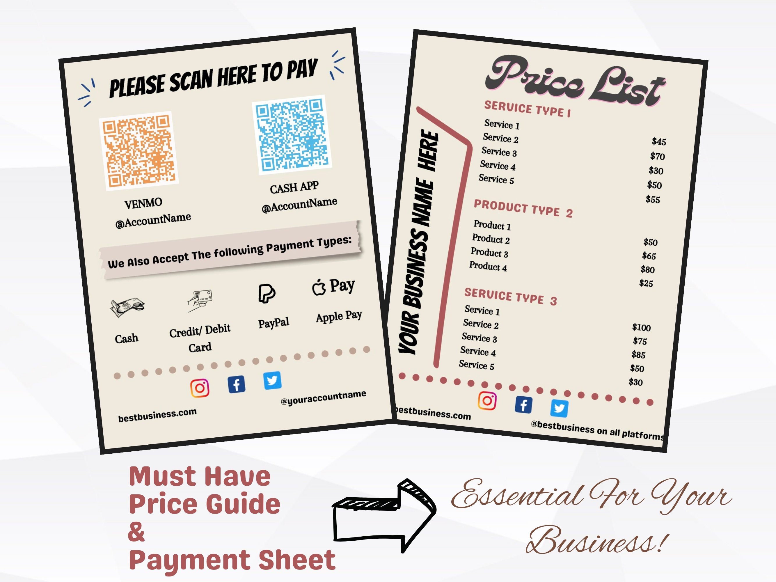 Editable Price List Template, Price Guide Bundle, QR Display Sign ...