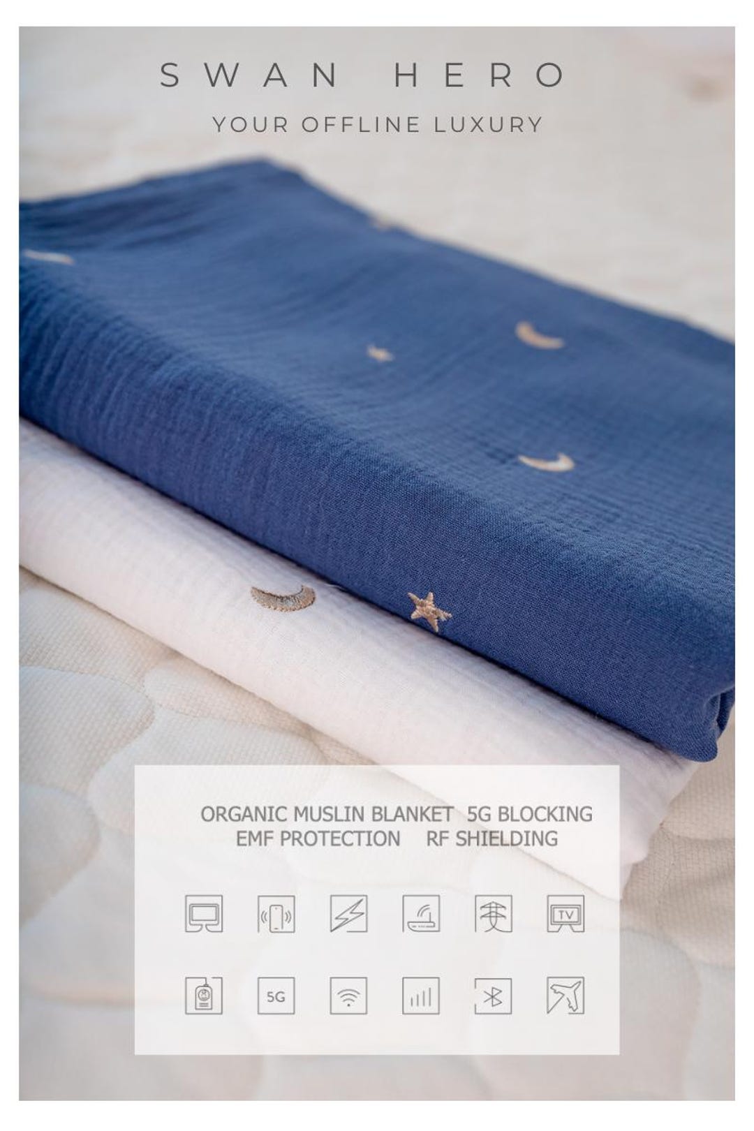 Swan Hero EMF Antiradiation Silver Stars NAVY BLUE Embroidered Muslin ...