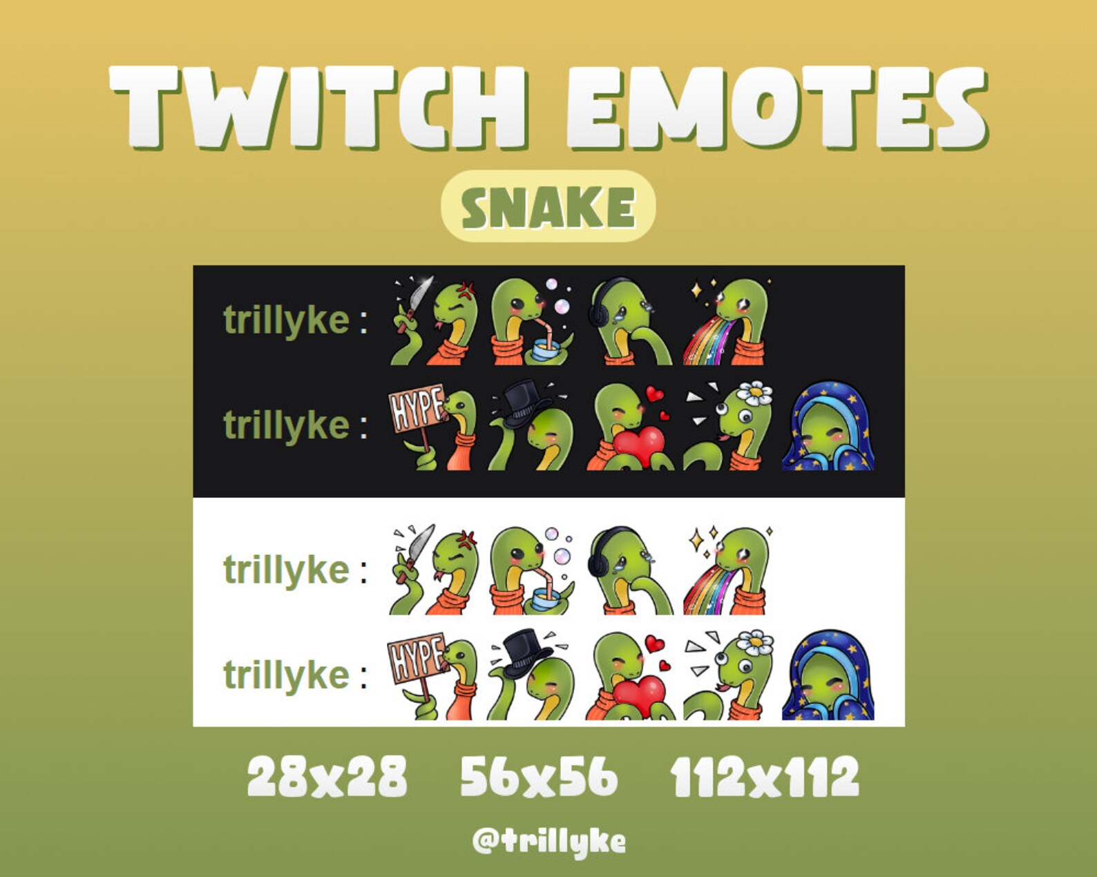 SNAKE EMOTES (9) | Twitch Emote Pack | Hype, Goofy, Cozy, Hi, Love Etc ...