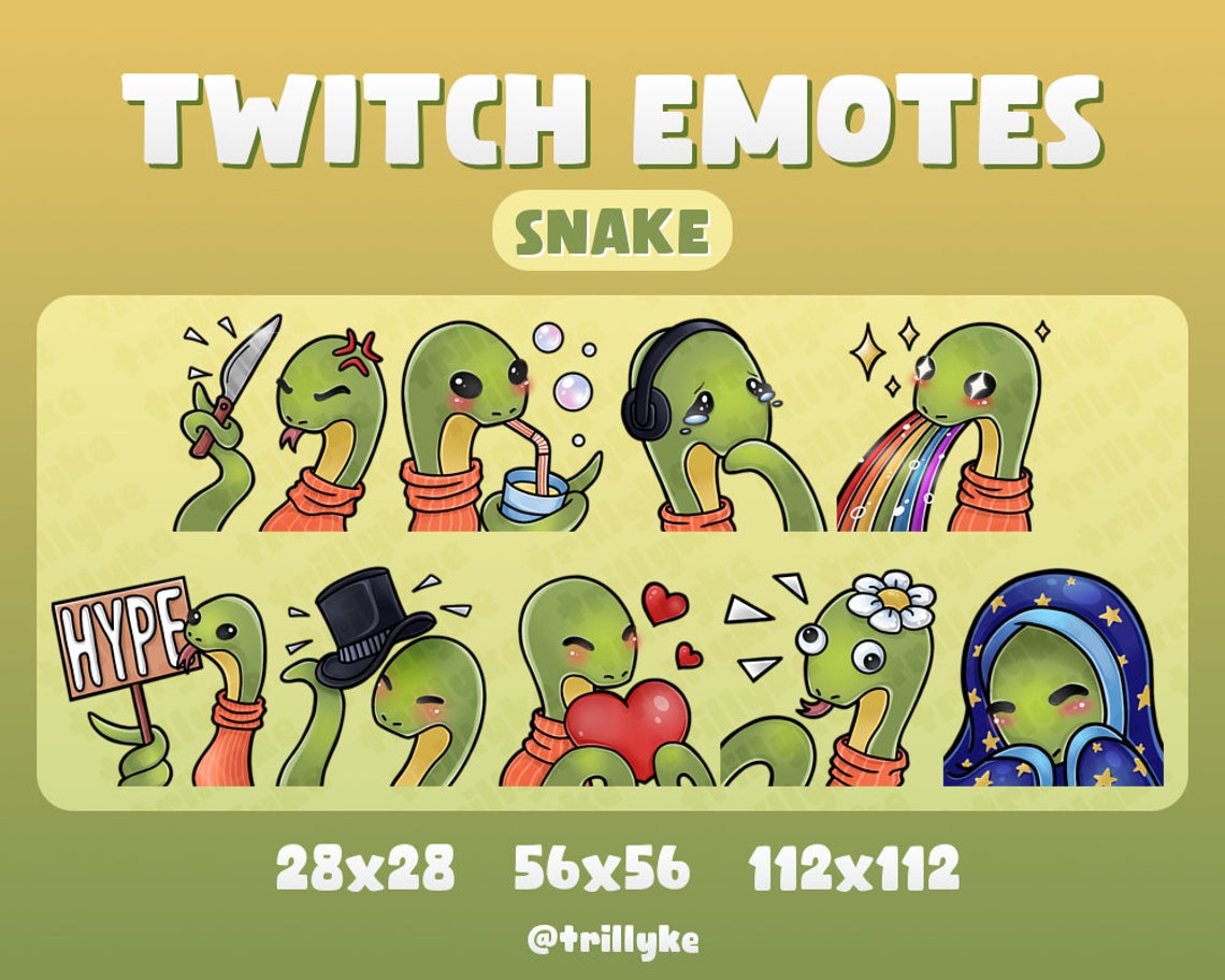 SNAKE EMOTES (9) | Twitch Emote Pack | Hype, Goofy, Cozy, Hi, Love Etc ...
