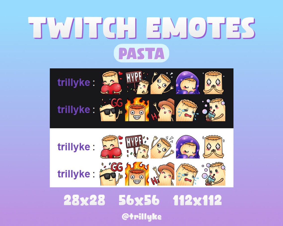 PASTA EMOTES (10) | Twitch Emote Pack | Hype, Goofy, Cozy, Hi, Love, GG ...